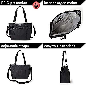 bg by baggallini Austin Tote - Lightweight, Water Resistant, Carry-On Travel Purse With Zippered Pockets, Adjustable Strap, and Luggage Sleeve, Black