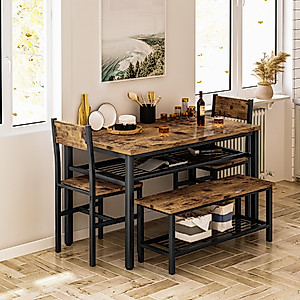 Lamerge Kitchen Tables Set for 4, Rectangular Dining Room Table Set with Bench and Chairs, 4 Pieces Dining Room Table Set with Storage Rack for Small Space, Breakfast Nook and Apartment, Rustic Brown