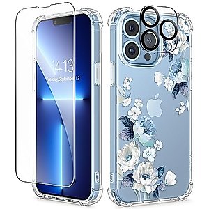 GVIEWIN for iPhone 13 Pro Case with Screen Protector & Camera Lens Protector, [10FT Military Grade Drop Protection] Clear Shockproof Slim Fit Floral Phone Case for Women Girls (Rosa Chinensis/Blue)