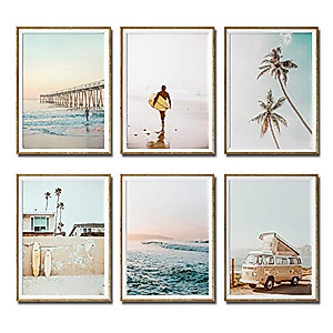 iMagitek Set of 6 Unframed California Coastal Surf Wall Art Prints, Beach Sunset Wall Poster, Surfboard Wall Art (8" x 10")