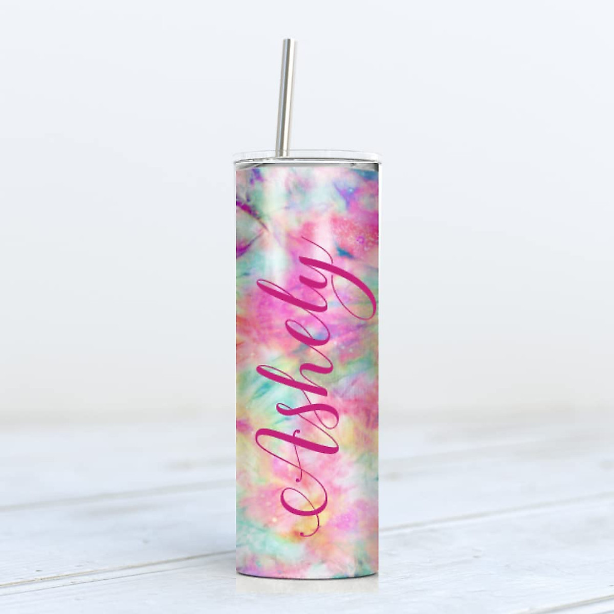 Personalized Tumbler | Stainless Steel 20oz Tumblers | Custom Tumbler For Women | Travel Cup | Double Wall Coffee Cup for Hot and Cold Drinks | Tie Dye Yellow Purple Pink Tumbler