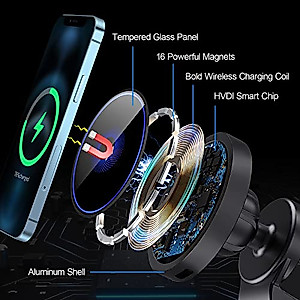 DACK Mag-Safe 15W Car Cigarette Lighter Wireless Charger, Magnetic Auto-Alignment Air Vent Mount Holder with Dual Port PD&QC3.0 Fast Charging for iPhone 13/13 Pro/ 13 Pro Max/12 Series