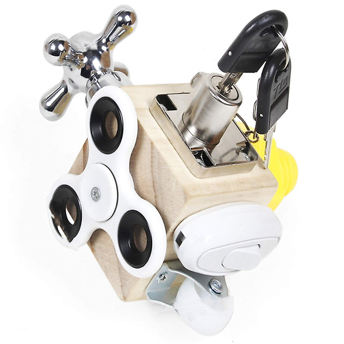 KEBEGE Busy Cube for Kids,Busy Board for Toddlers Fidget Toy Cube Wooden Sensory Board, Montessori Busy Board for Toddlers, Switch Function Early Learning, Learning Toy for Airplane or Car Travel