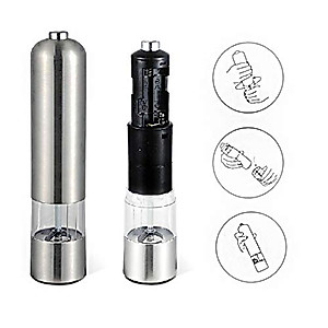Electric Salt and Pepper Grinder Set Automatic Battery Operated Stainless Steel Spice Mills One Handed Push Button Peppercorn Grinders and Mills