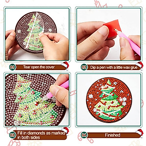 Kajaia 6 Pcs Christmas Diamond Painting Coasters, Christmas Round Diamond Painting Coasters with Holder Xmas Christmas Diamond Art Kits for Beginner Adults Kids Christmas Table Decor Supplies