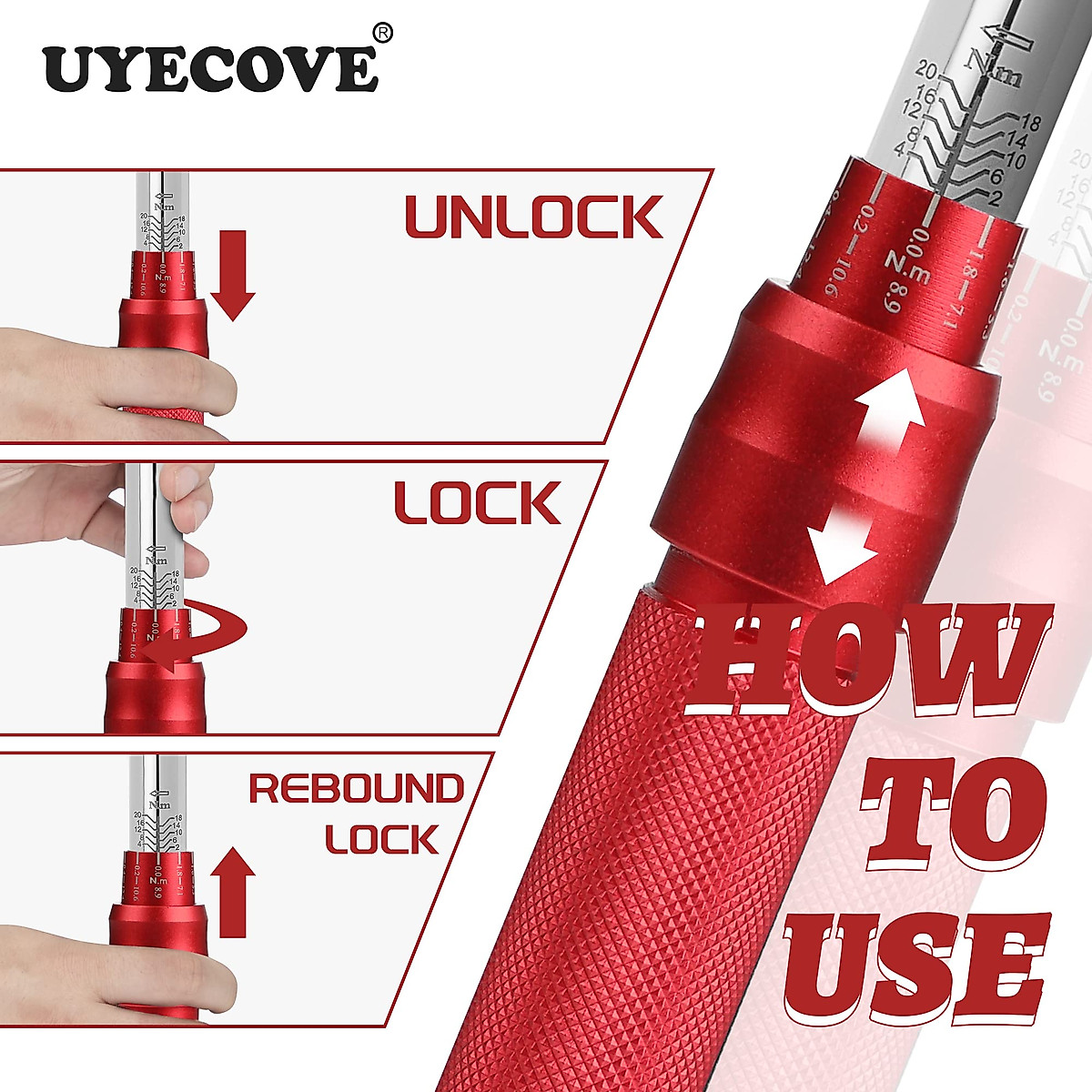 UYECOVE 1/4 Inch Drive Torque Wrench Set 2-20 Nm, 13Pcs Bike Torque Wrench, Bicycle Torque Wrench & MTB Tool Kit, with Allen Hex, Torx Sockets, Extension Bar, Red