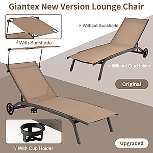 Giantex Outdoor Chaise Lounge Chair, Tanning Chair with Sunshade and Smooth Wheels, 6-Level Adjustable Position, Cup Holder, Metal Frame, Patio Chaise Lounge for Sunbathing, Yard, Poolside (1)