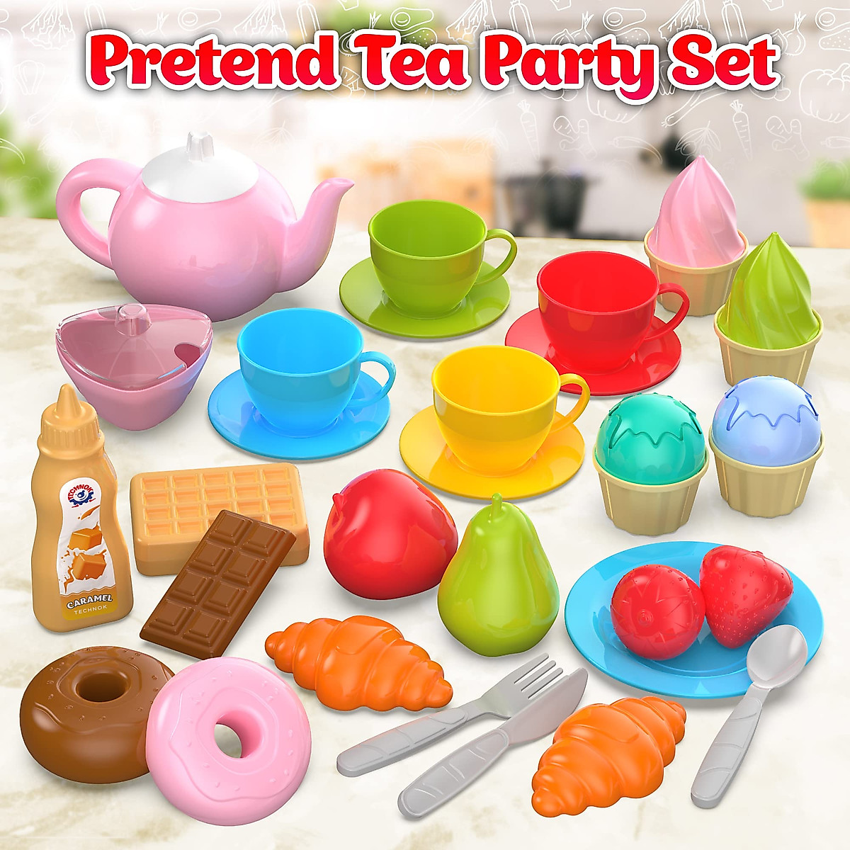 TECHNOK 83PCS Pretend Play Kitchen Toys Cookware with Play Food Toy Set - Play Dishes Cookware Set - Large Toy Pots and Pans for Kids Kitchen Pretend Dishes - Play Food Set - Cooking Utensils