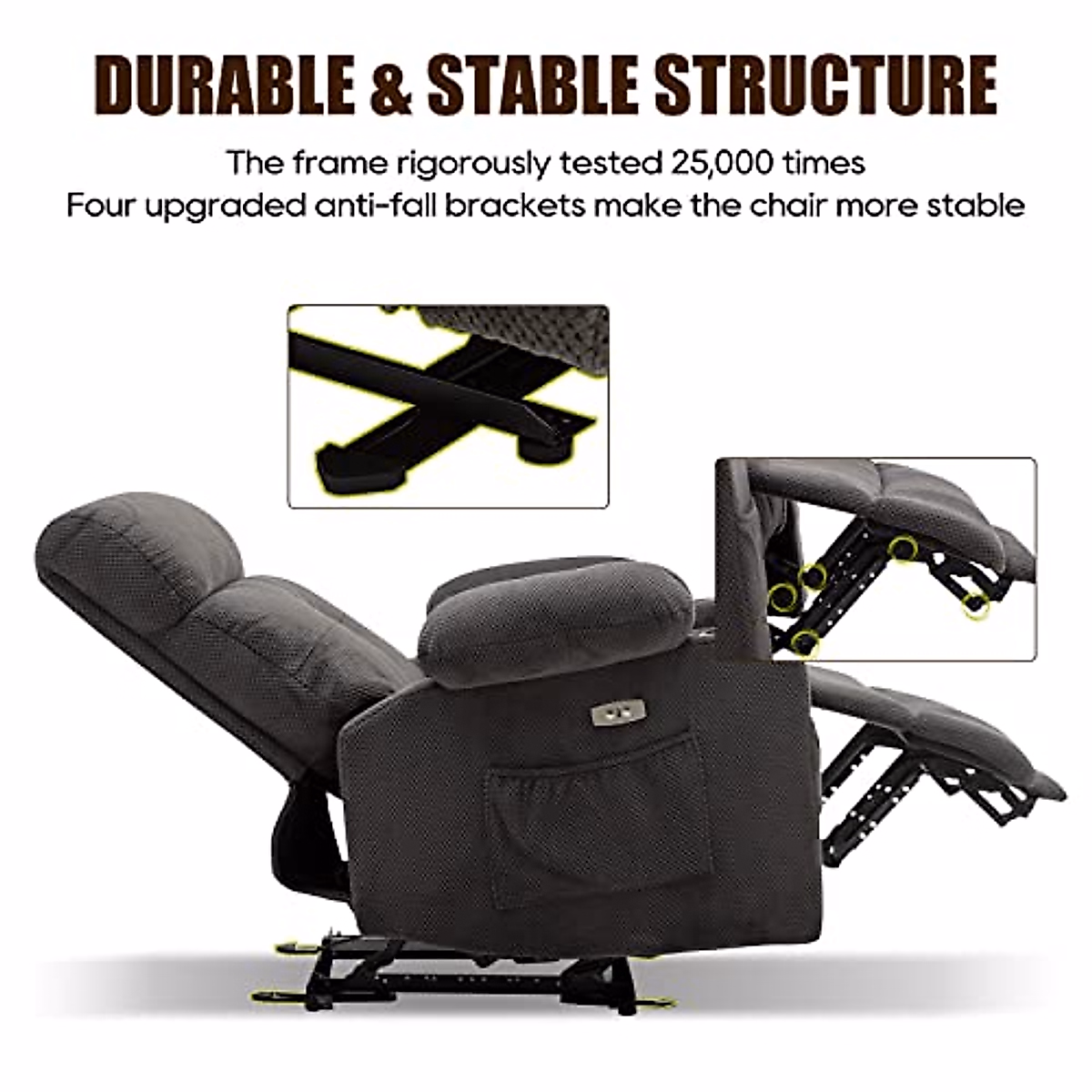 Consofa Power Recliner Chair with USB Port and Cup Holders, Faux Leather Electric Reclining Chair with Extended Footrest, Power Recliner with Soft Cushion and Back for Living Room (Grey, Recliner)