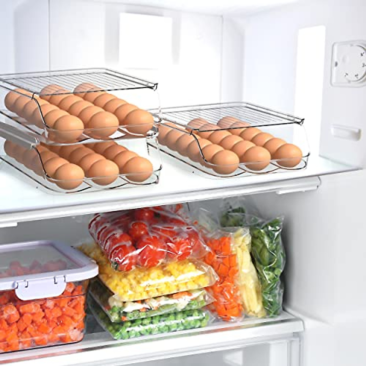 Utopia Kitchen Rolling Egg Container for Refrigerator with Lid - Pack of 2 Stackable Plastic Egg Holder for Refrigerator - Terrazo Egg Tray for Refrigerator or Fridge Organizer