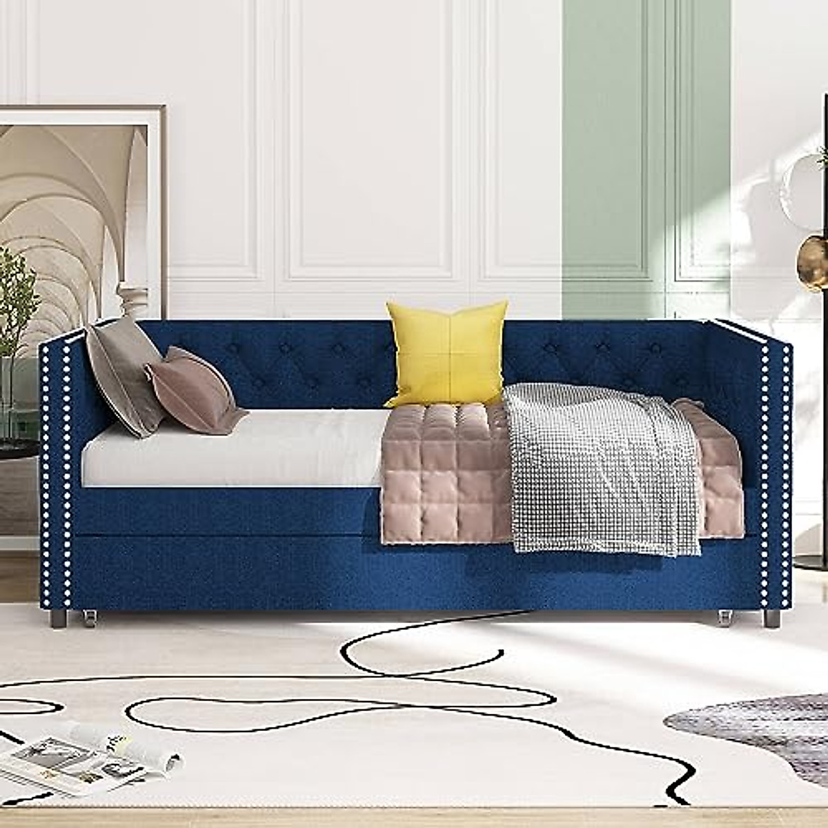CECER Space Saving Pull Out Sleeper Sofa Bed, Button Tufted Couch Bed with Riveted Design, Daybed with Trundle, Daybed for Apartment Living Room Bedroom Office, Navy Blue