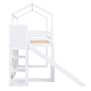 BOVZA Twin House Loft Bed with Slide, Storage Shelves and LED Light, Wood Twin Low Loft Bed Frame with Roof and Ladder, Playhouse Loft Bed for Kids Boys Girls Teens, White