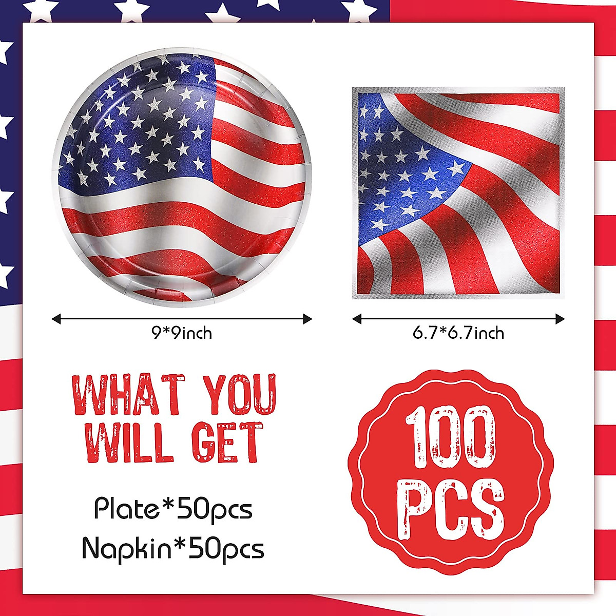 Mumufy 100 Pcs American Flag Patriotic Plates and Napkins 4th of July Party Supplies July 4th Disposable Paper Plates Napkins for Veterans Day Independence Day Decoration, Serves 50(Vivid)