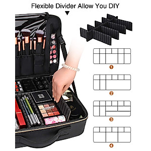 Relavel Makeup Case Large Makeup Bag Professional Train Case 16.5 inches Travel Cosmetic Organizer Brush Holder Waterproof Makeup Artist Storage Box, 3 Layer Large Capacity, with Adjustable Strap