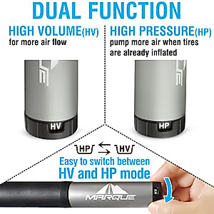 Marque Portable Mini Bike Pump - 120 PSI with Universal Presta and Schrader Valve, High Volume and High Pressure Setting for Road and Mountain Bike Tires (Gray with Hose)