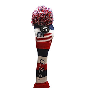 USA Majek Golf Driver 1 3 5 7 X Fairway Woods Headcovers Pom Pom Knit Limited Edition Vintage Classic Traditional Flag Stars Red White Blue Stripes Retro Head Cover Fits 460cc Drivers and 260cc Woods