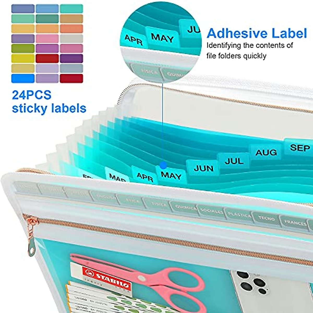 CCidea Expanding File Folder with 13 Pocket, Zipper Closure Accordion Document Organizer,Letter A4 Paper Document Accordion Folder（Green）