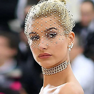 White Headband Veil for Bridal Crystal Birdcage Black Face Net Mask Hair Jewelry Accessories Veils Charming Wedding Fascinators (White)