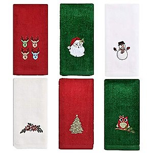 ZiegLad Christmas Hand Towel for Bathroom Kitchen, 100% Cotton, Set of 6, 12x18 inches, Decorative Dish Towels Set, Embroidered Holiday Design Christmas Towels Gift Set, 3 Color (Red, Green, White)