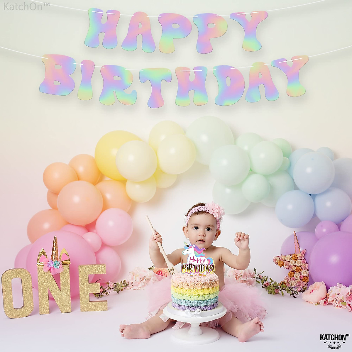 KatchOn Iridescent Happy Birthday Banner Prestrung - 10 Feet | Disco Happy Birthday Sign | Iridescent Party Decorations | Disco Birthday Banner for Women | Holographic Disco Birthday Party Decorations