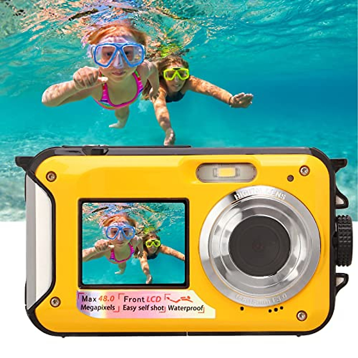 Digital Camera, FHD 2.7K 48MP Vlogging Camera with 16X Digital Zoom, Dual LCD Screen Rechargeable Battery, Waterproof Compact Kids Camera for Adults, Kids, Student, Teens (Yellow)