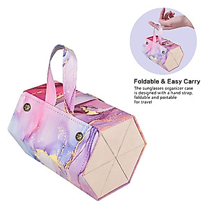 MEGREZ 6 Slots Sunglasses Organizer Box, PU Leather Foldable Eyeglasses Case, Portable Sunglasses Case for Multiple Glasses, Sunglasses Holder for Travel, Pink-marble Pattern