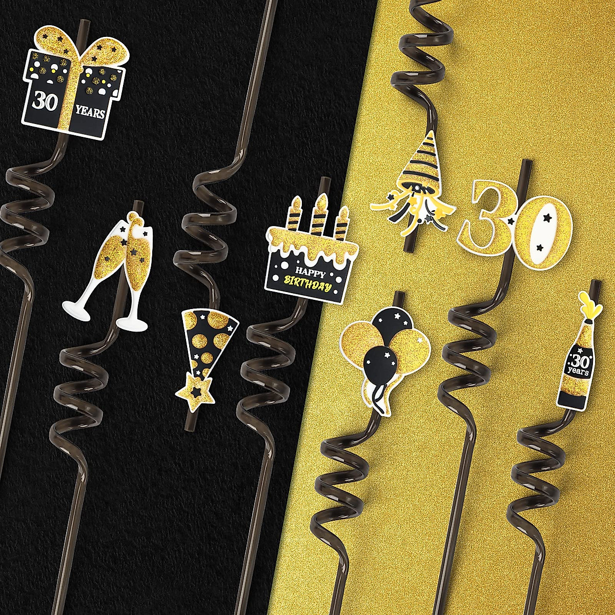 24 PCS 30th Birthday Party Decorations Straw Decor Plastic Reusable Glitter Straws for 30th Birthday Party Decor Cut-Out Number 30 Party Decorative Supplies for Women Men with 2 Brush