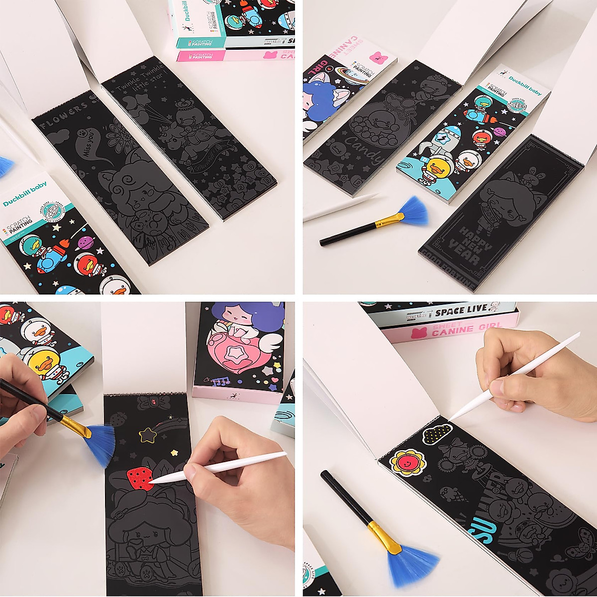 40 Card Rainbow Sparkle Scratch Painting Note, Hand-Eye Coordination Art&Crafts, Mini Magic Scratch DIY Graffiti Creative Bookmarks Gift for Kids&Adults, 8.5''x3.2'' (Canine Girl/Duckbill Baby Space)