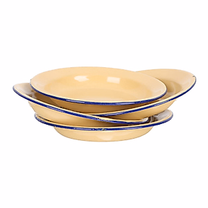 Yardwe Enamel Plate, 4PCS Enamelware Dinner Plate Serving Platter Tray, Retro Yellow Round Shallow Bowls with Blue Rim for Pasta, Salad- Durable and Reusable