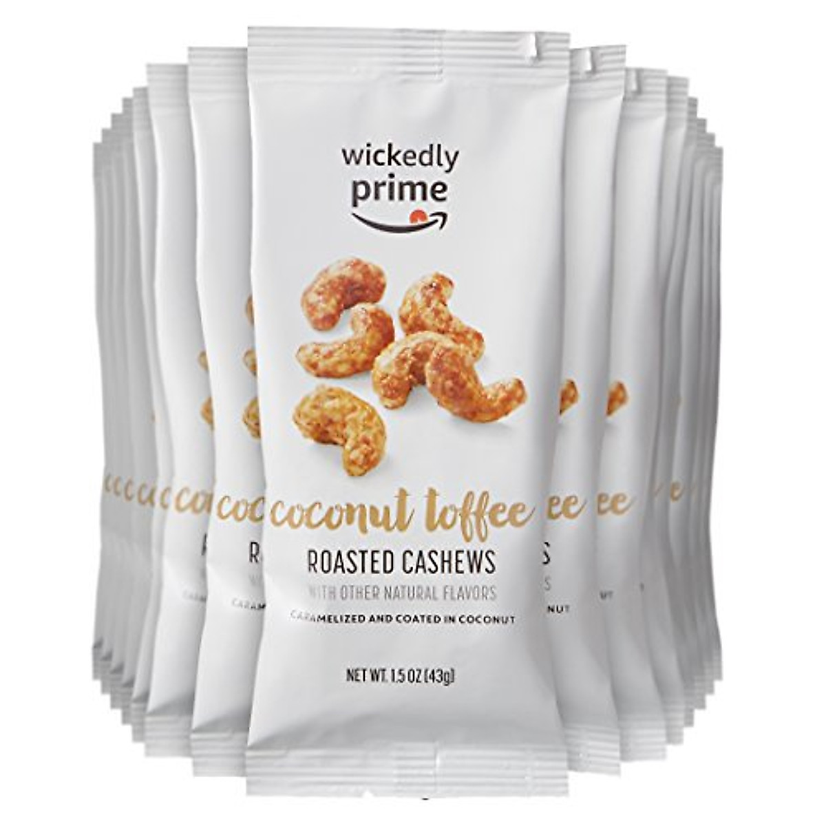 Amazon Brand - Wickedly Prime Roasted Cashews, Coconut Toffee, Snack Pack, 1.5 Ounce (Pack of 15) Package May Vary