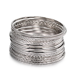 FINZOR 12Pcs Bangle Collection Alloy Metal Textured Color Design Jewelry Large Size Bangle Bracelets Set for Women(Silver)