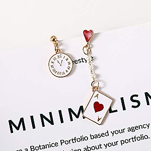 Asymmetric Clock Poker Dangle Earrings,Long Pentagram Alarm Clock Drop Earrings for Women Birthday Gifts Queen of Hearts Costume Earrings