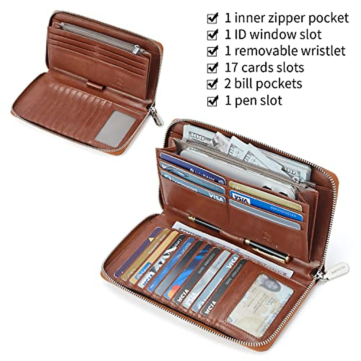 BOSTANTEN Leather Wallet for Women RFID Blocking Zip Around Credit Cards Holder Phone Clutch Brown