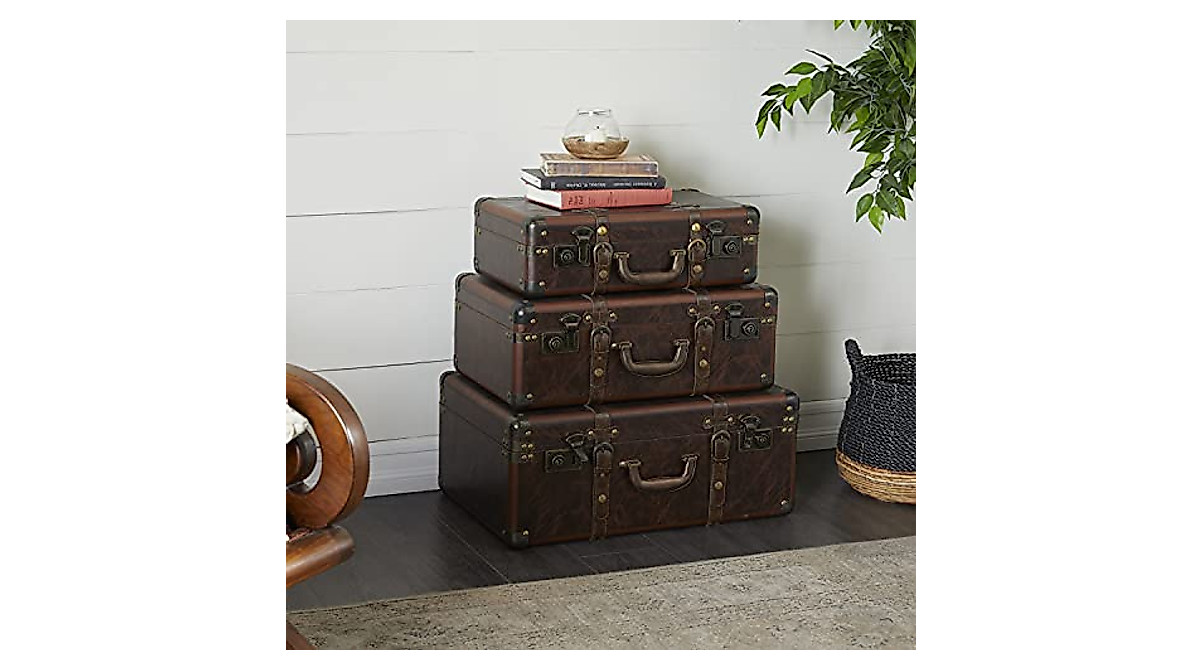 Deco 79 Vintage Faux Leather Trunk Set - Large Decorative Boxes