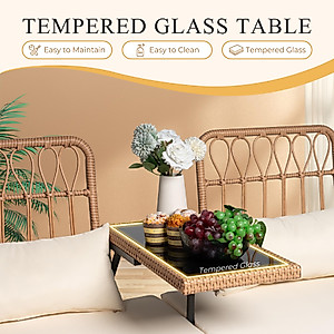 PROHIKER Patio Furniture Outdoor Rattan Loveseat 2-Seat with Built-in Table, Lumbar Pillows and Cushions, All-Weather Wicker Loveseat Porch Chairs for Balcony, Lawn, Backyard