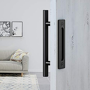 FaithLand 12" Heavy Duty Pull and Flush Door Handle Set in Black, Sliding Barn Door Handle - Fit Doors Up to 2 3/8'' - Pack of 2