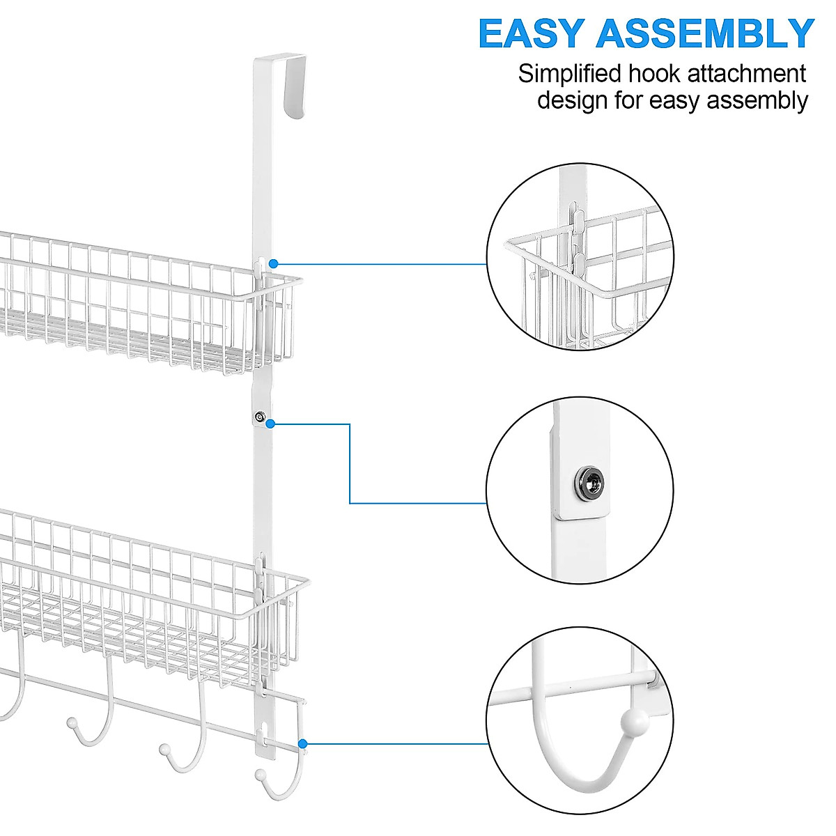 NEX The Door Hooks Shelf Organizer Hanger Towel Rack with 2 Mesh Basket 5 Hooks Storage Rack Spice Rack for Bathroom Kitchen Storage Shelves Toiletries, White