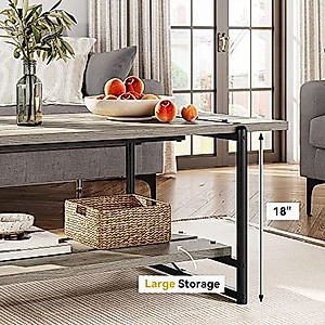 2-Tier Farmhouse 41'' Large Gray Wood Coffee Table with Storage Shelf -Modern Rustic Metal Rectangle Center Living Room Coffee Table Accent Furniture for Home Office,Easy Assembly
