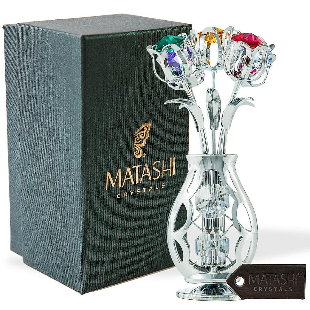 Matashi Best Gift for Mom Flowers Bouquet in Vase Ornament with Multi Coloured Crystals Home Decorative Tabletop Decorations Showpiece for Living Room Bedroom Gift for Mother's Day - Birthday