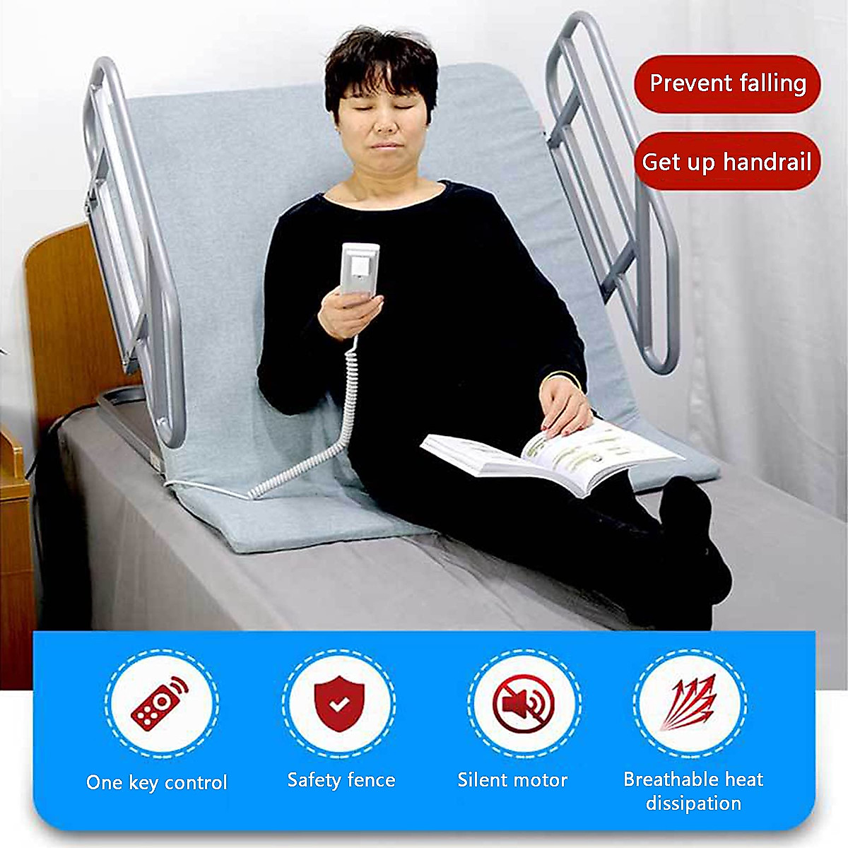 WLL-DP Portable Electric Bed Backrest, Adjustable Sit-Up Back Rest with Guardrail, Fits Standard Hospital Bed, Family Nursing Home Rehabilitation Center Nursing,Blue