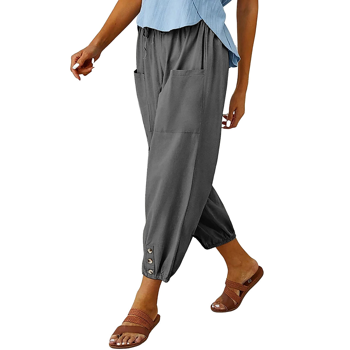Hooever Cotton Linen Pants for Women Summer High Waisted Drawstring Capri Pants Wide Leg Cropped Pant (Darkgrey-XL)
