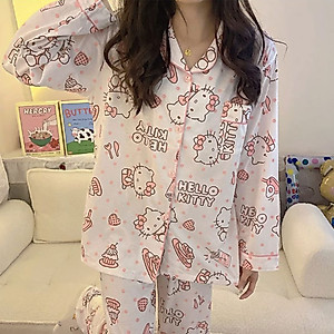 Cute Fashion Long Sleeve Cardigan Pajamas Set Kawaii Leisure Loose Two-Piece Sleepwear Set For Women Girls-S Pink