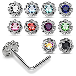 20 Pieces Box Set of Mix Colored Jeweled Twisted Flower Top 22 Gauge 925 Sterling Silver L Shape Nose Stud