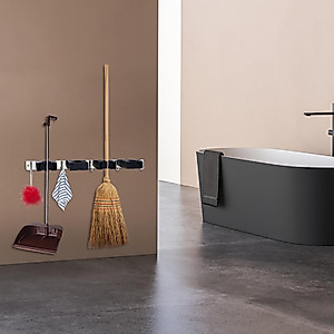 Caoliuyiyi Broom Holder Wall Mount, Stainless Steel garage organization, Non-slip broom mop holder wall mounted, Self Adhesive for Laundry Room (4 Racks and 5 Hooks)