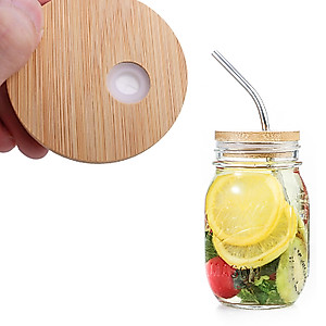 EDOBLUE 4 Pack Bamboo LIDS for Glasses with Straw Holes, 2.75 Inch/70mm Wooden LIDS for 16OZ Glass Jars, and Replacement LIDS for Regular 20OZ 24OZ Glasses