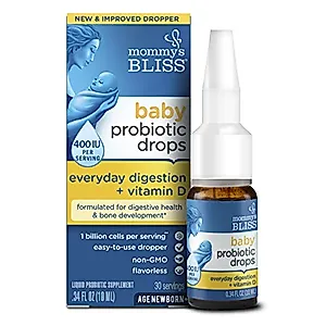 Mommy's Bliss Baby Probiotic Drops + Vitamin D, Supports Digestive Health and Immunity, 400IU Vitamin D for Healthy Bone Development, Newborns +, Flavorless, 0.34 Fl Oz (30 Servings)