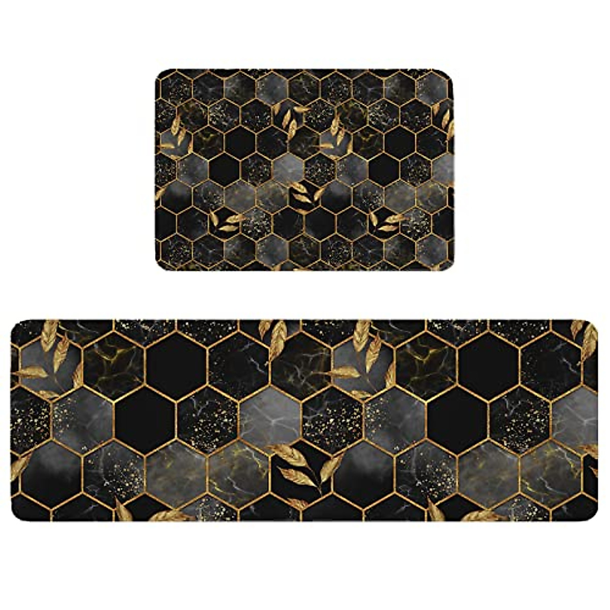 Marble 2 PCS Cushioned Antifatigue Kitchen Mats and Rugs,Black Gold Grey Grid Irregular Comb Plaid Geometric Floor Bath Door Mat Doormat Accent Runner Carpet Washable Comfort Standing Mat 18,48