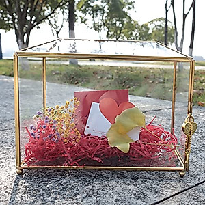 QLQSIMON 10.2'' Handmade Gold Geometric Terrarium - Glass Wedding Card Box with Slot and Lock- Large Clear Display Box for Wedding Reception, Wishwell, Keepsake