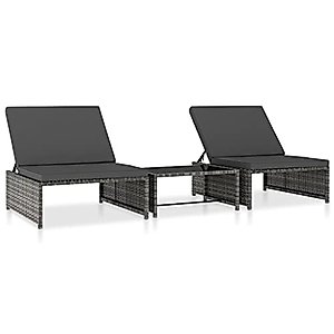 Natulvd Sun Loungers Set of 2 with Table, Adjustable Backrest Outdoor Patio Pool Lounge Chair, Rattan Reclining Chaise Lounger with Cushion - Gray