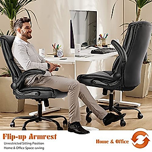 Office Chair - Ergonomic High Back Desk Chairs, Heavy Duty Task Chair with Flip-up Arms, PU Leather, Adjustable Swivel Rolling Chair with Wheels, Black